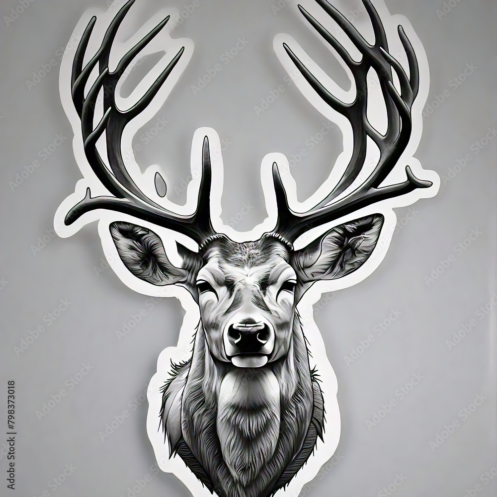 Black and white drawing of a reindeer head with white outer stroke ...