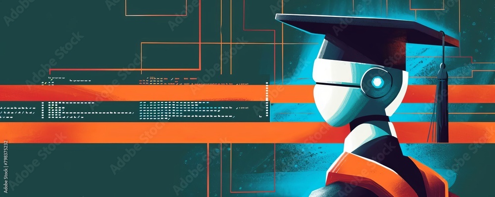 Student wearing a graduation cap while working on a coding project ...