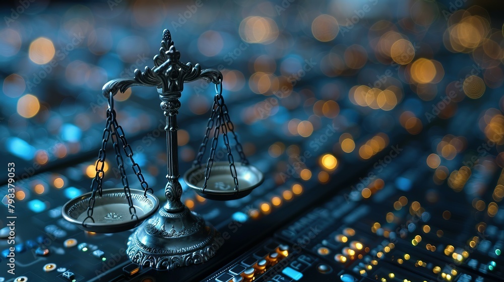 Law scales on background of data center. Digital law concept of duality ...
