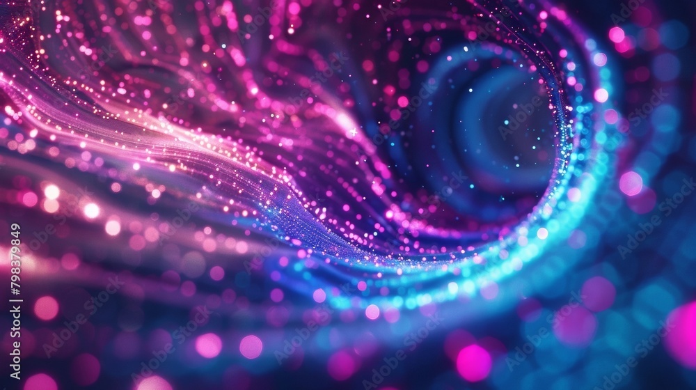 The background swirls with neon hues and pixelated blurs giving a sense ...