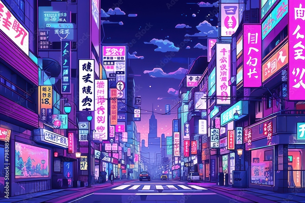 A japanese urban purple city architecture. Stock Illustration | Adobe Stock