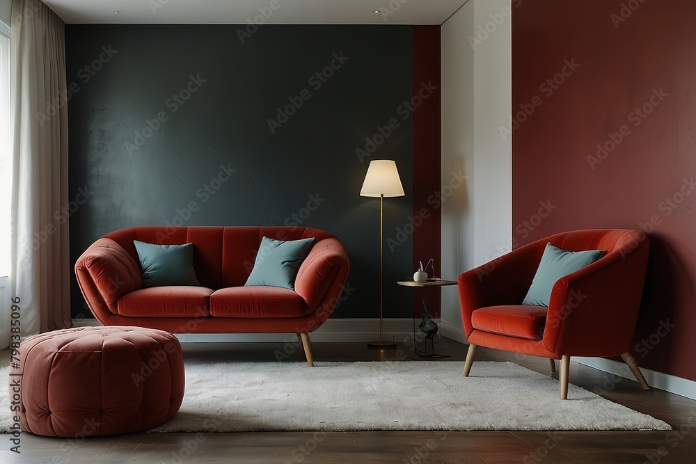 .dark red snuggle chair creating a focal point of a modern style living ...