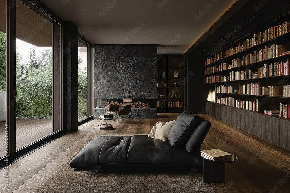 Sophisticated minimalist home library in Zurich with wall-mounted ...