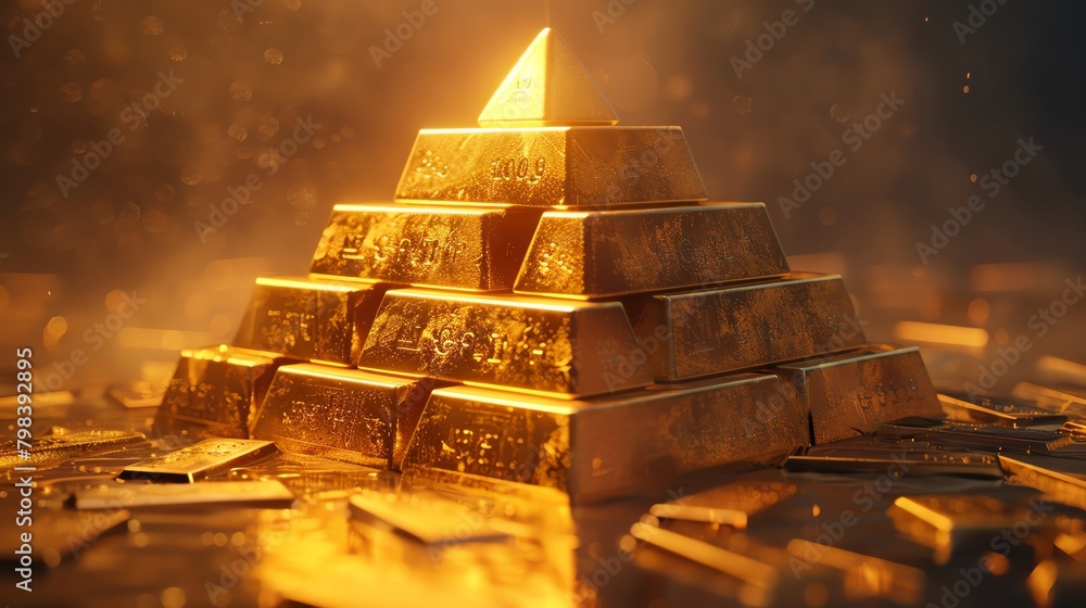 Artistic 3D render of gold bars stacked in a pyramid shape, glowing ...