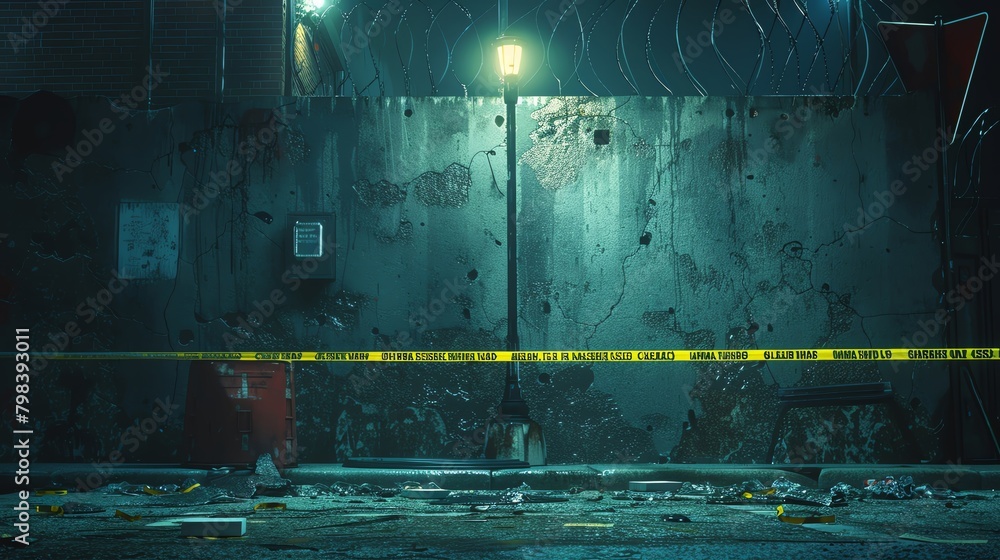 Atmospheric image of a desolate street corner at night, yellow police ...