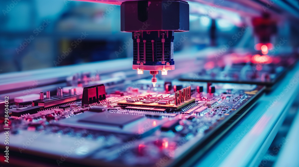 computer chips assembly line in manufacturing plant, modern electronics ...