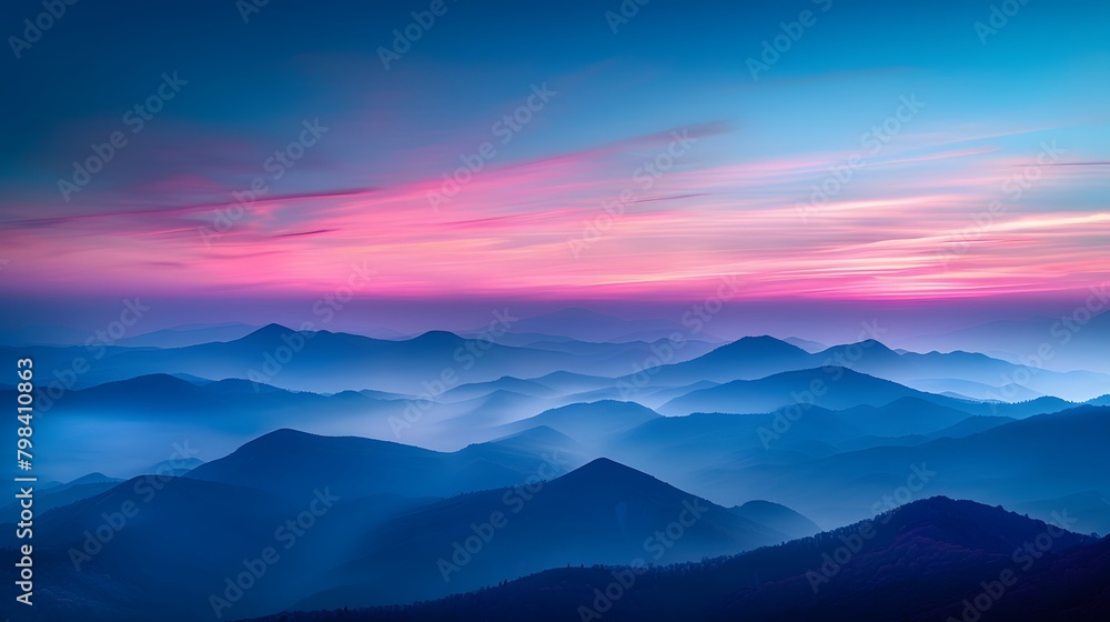 The sky at dawn, with the horizon pink and blue, mountains in misty ...