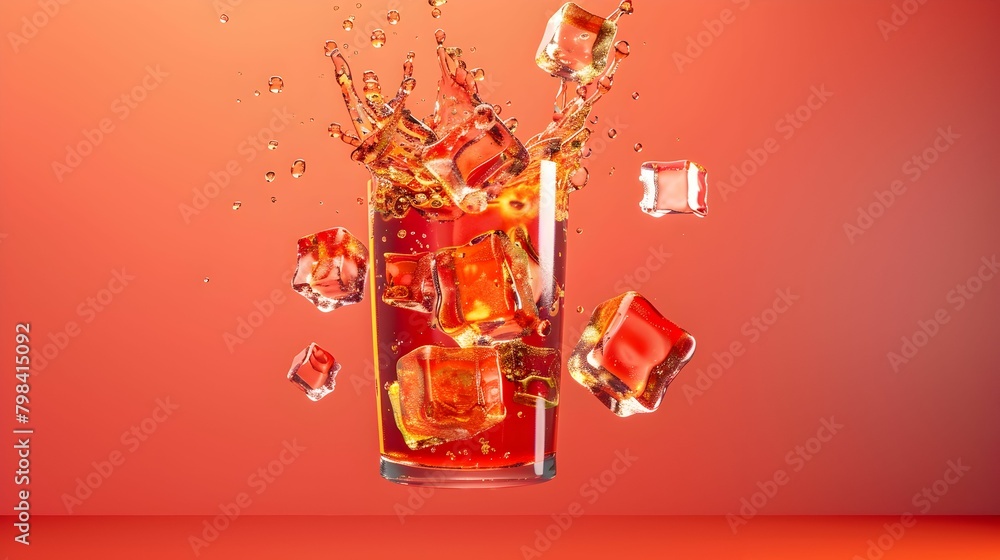 Dynamic image of ice cubes splashing into a glass of fizzy drink, creating a lively and ...
