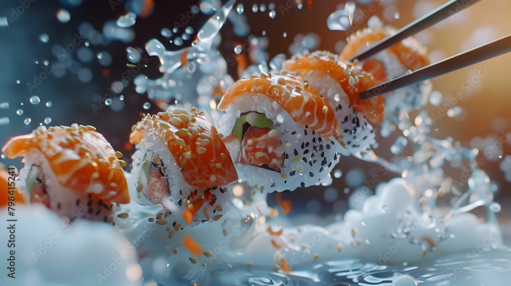 Chopsticks hold a variety of sushi mid-air with water droplets frozen ...