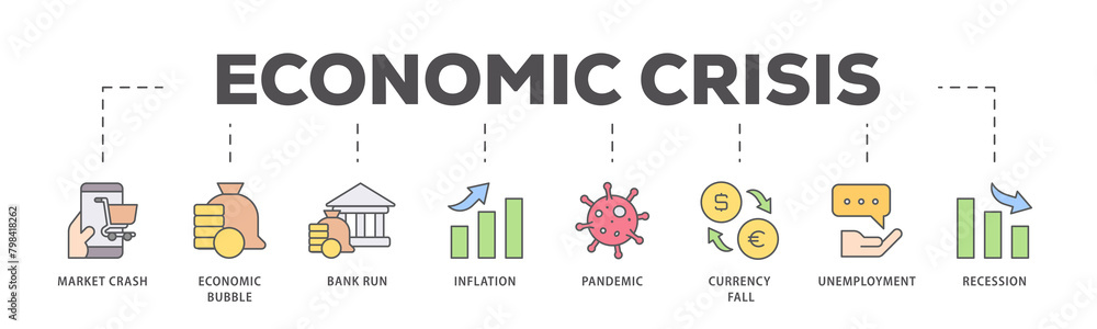 Economic crisis icons process flow web banner illustration of recession ...