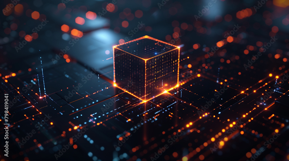 futuristic technology wallpaper with glowing binary lines on black cube ...