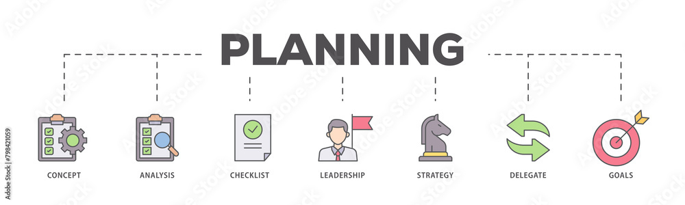 Planning icons process flow web banner illustration of concept ...