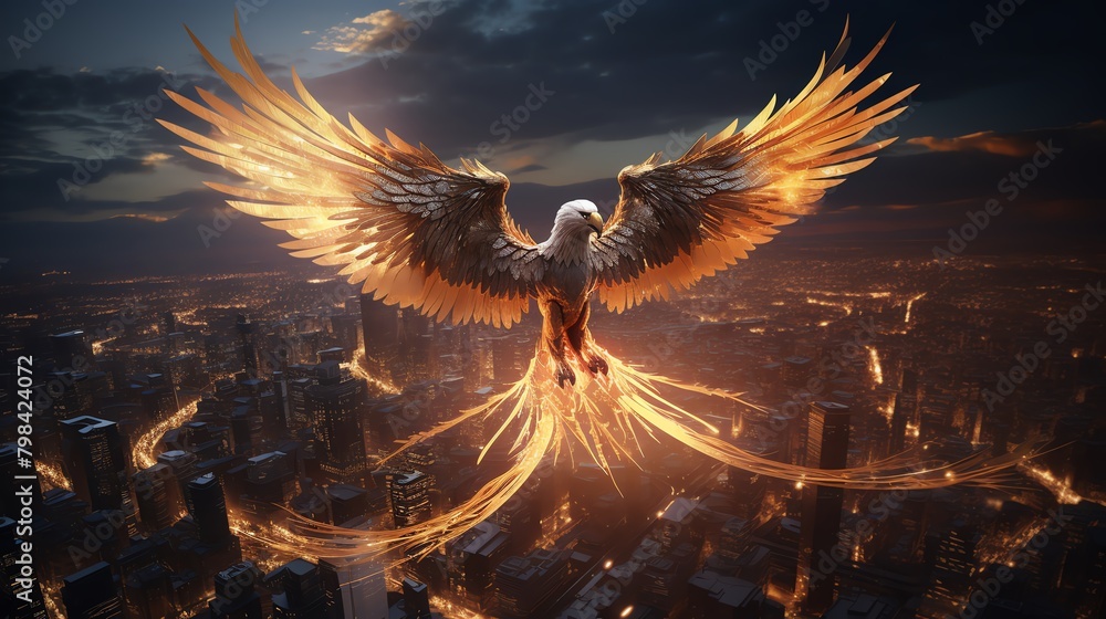 Convey the awe-inspiring presence of a towering phoenix soaring amidst ...