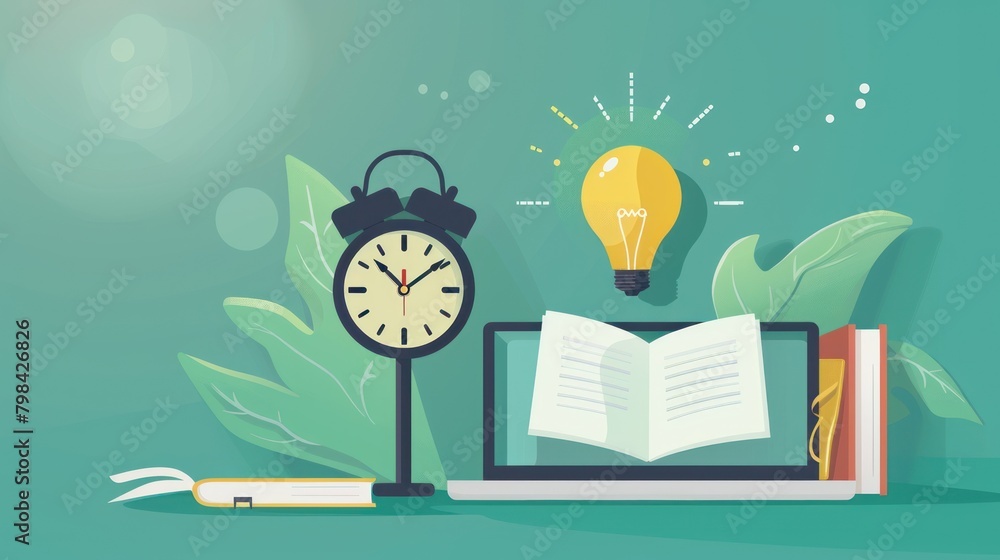 Time management concept template with icons of a standing clock ...