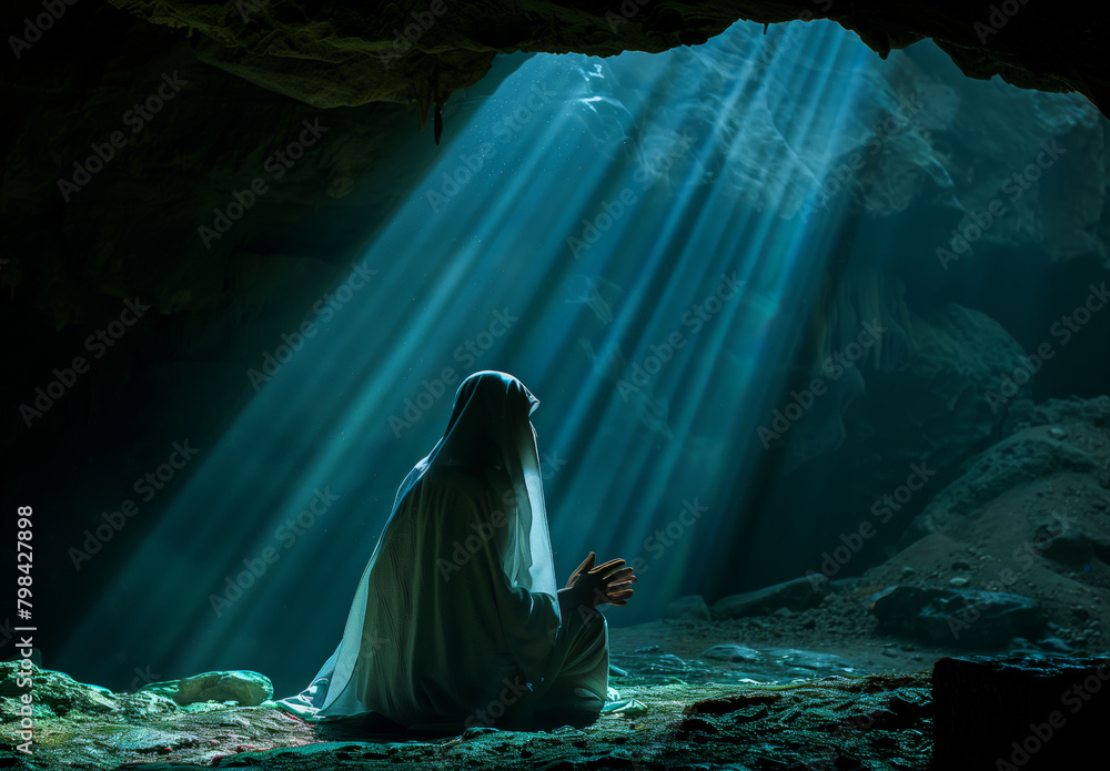 User.A Muslim man was praying in the dark cave, with sunlight shining ...
