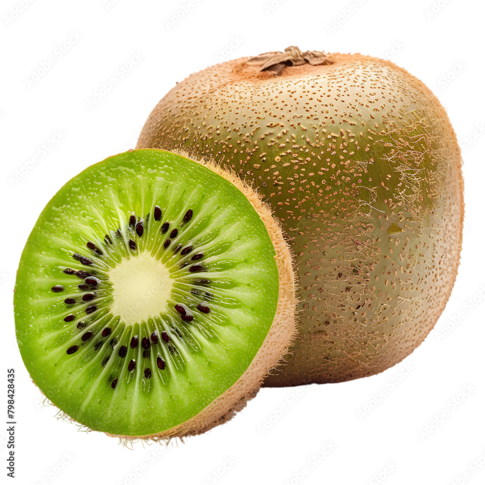 A whole, ripe kiwi fruit with fuzzy skin, cut open to show bright green ...