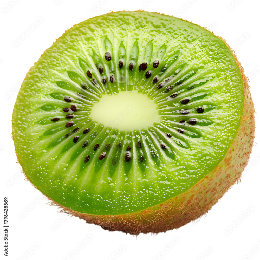 A whole, ripe kiwi fruit with fuzzy skin, cut open to show bright green ...