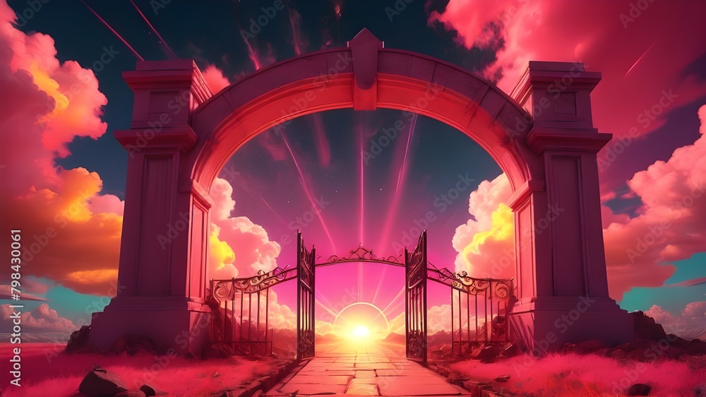 A depiction of the gates to heaven open on bright neon cloudy sky ...