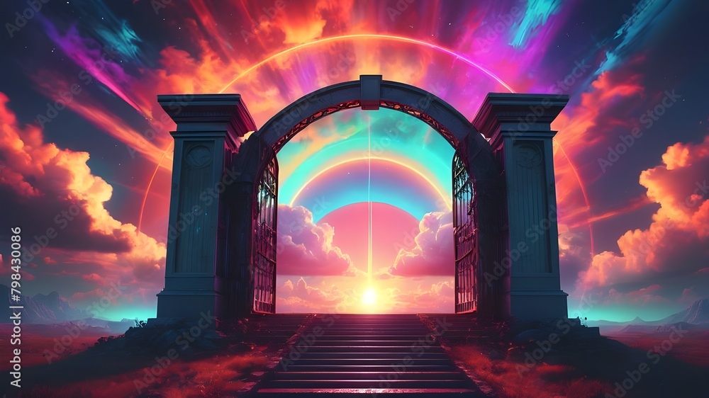 A depiction of the gates to heaven open on bright cloudy sky background ...