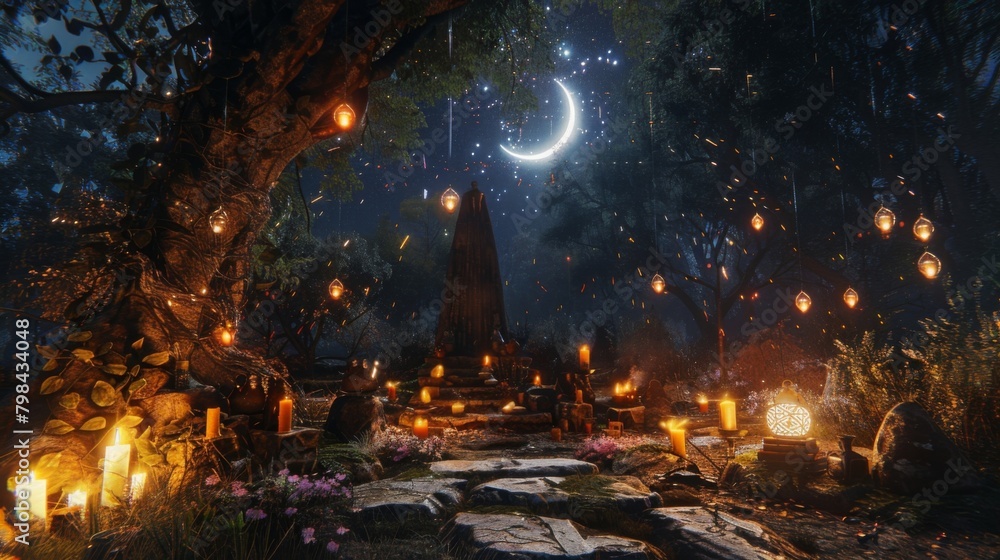 In the darkness of the ancient forest a coven of witches performs a ...