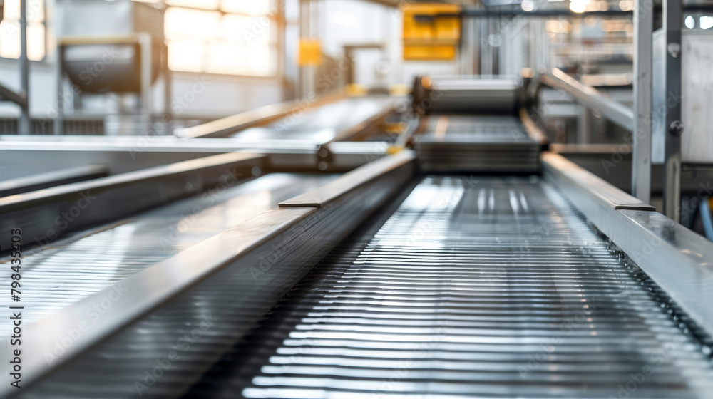 An empty conveyor belt in an industrial factory setting, indicative of ...