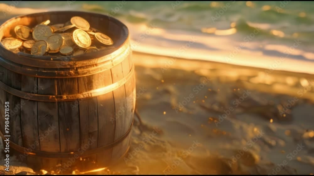 beer barrel filled with gold coins. barrel in slow motion. 4k nature ...