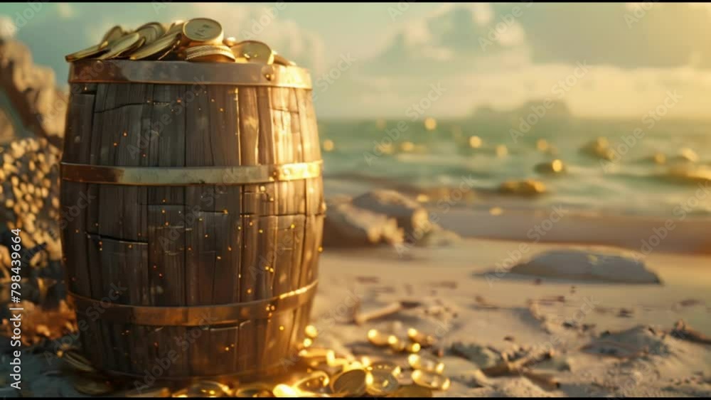 beer barrel filled with gold coins. barrel in slow motion. 4k beach ...