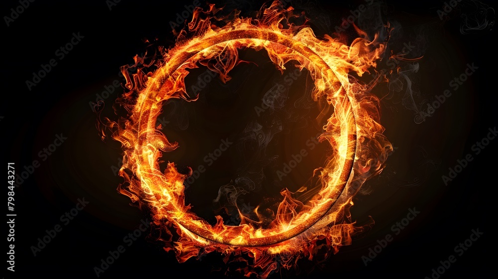 A circular ring of fire on a black background, with smoke swirling ...