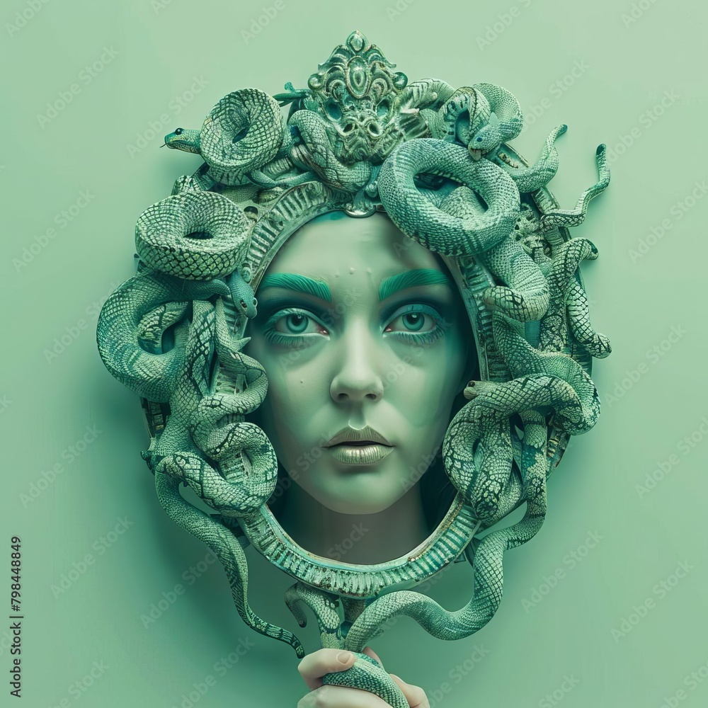 A photo of a woman who is also a medusa with green skin and snakes for ...