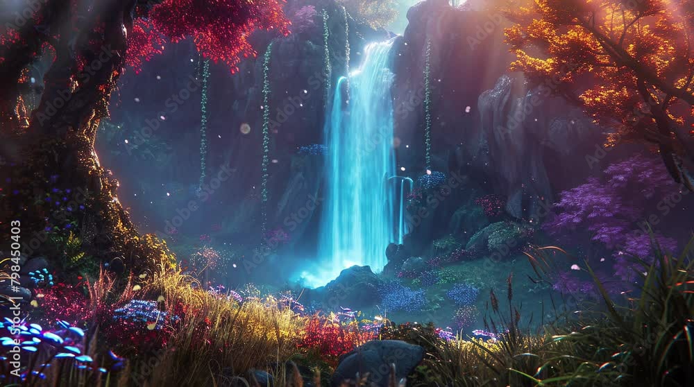 Ethereal fantasy landscape with a radiant waterfall cascading through a ...
