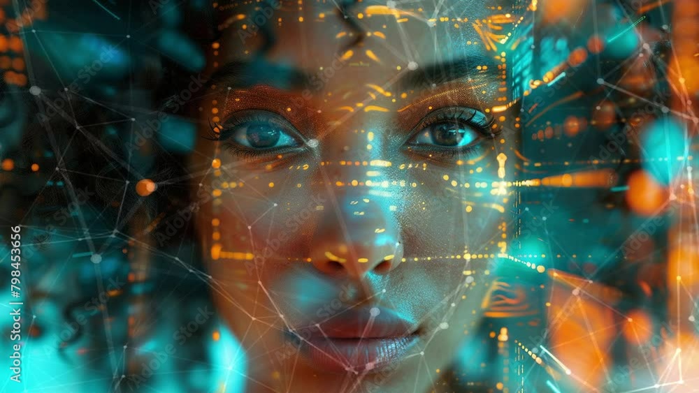 Black woman cyber security expert. With AI code illusminated overlay ...