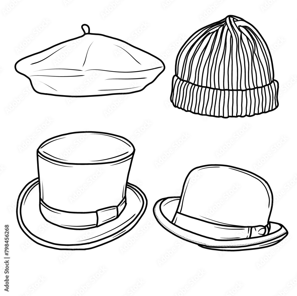 Vector various models of Hats doodle illustration hand drawn sketch ...