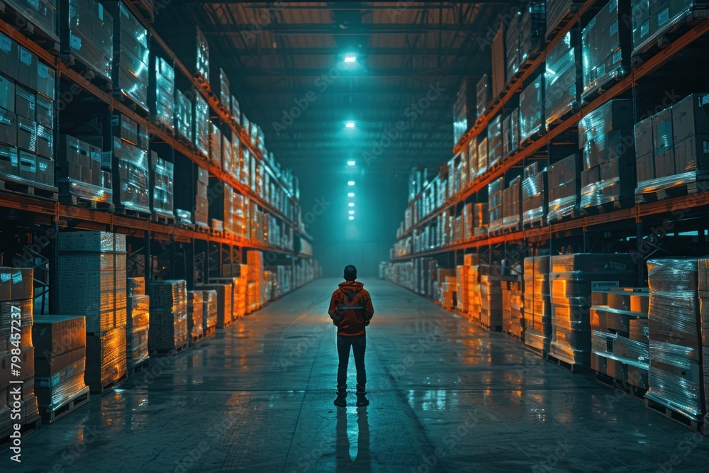 Beneath the fluorescent lights of a warehouse, a logistics worker ...