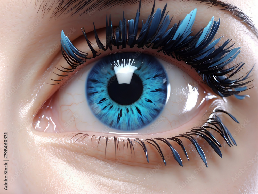 A detailed image showcasing a striking blue eye with lengthy eyelashes ...