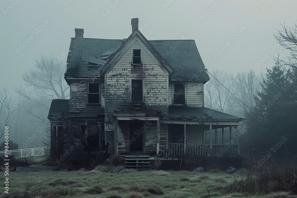 Craft a front-facing minimalist portrayal of a haunted house, blending ...