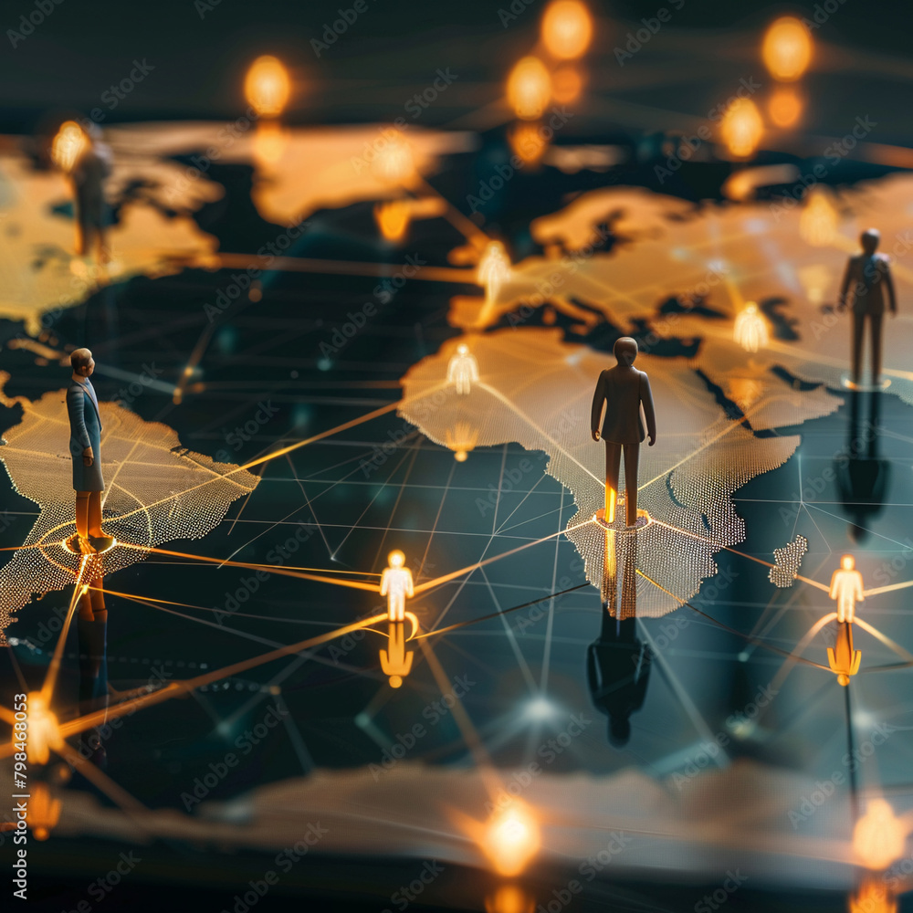 Figures of business leaders positioned on a digital global map glowing ...