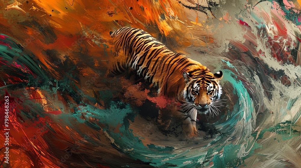 Infuse the raw energy of a prowling tiger merging with bold, digital ...