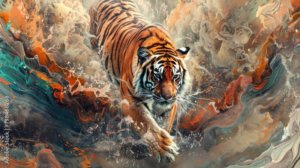 Infuse the raw energy of a prowling tiger merging with bold, digital ...