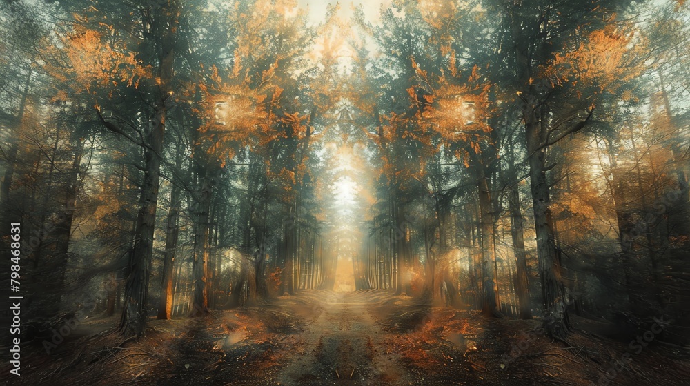 Fusion of Surrealism and Gestalt principles in a forest scene, shot ...