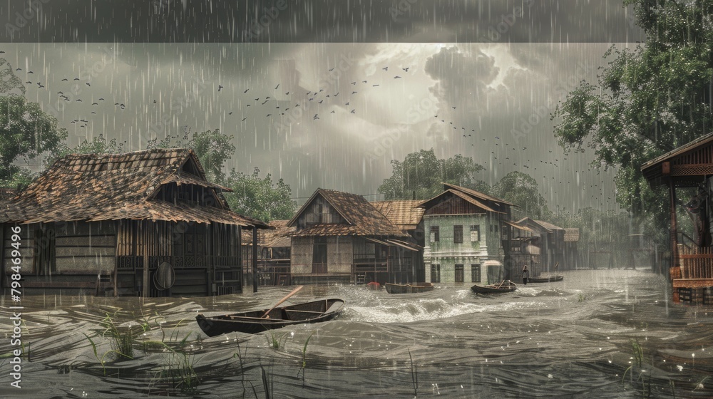 Monsoon Flood in Coastal Village: Homes Submerged, Boats Navigating ...