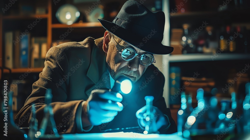 Cinematic shot of a crime scene with a detective meticulously analyzing ...