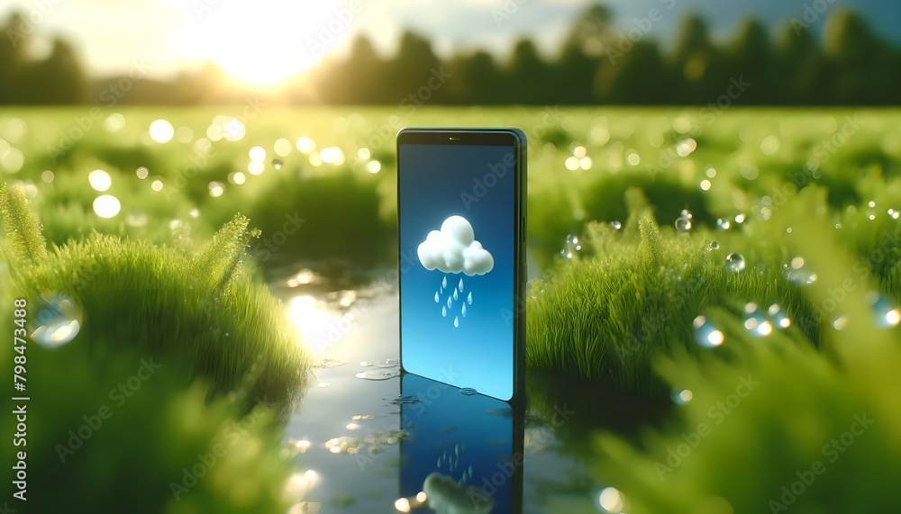 Smartphone on Rain-Soaked Grass Field with Thunder Cloud icon Display ...