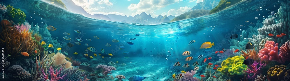 Colorful underwater map with vibrant reefs, sandy beaches, and diverse ...