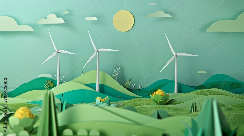 Paper art , renewable energy with green energy as wind turbines ...