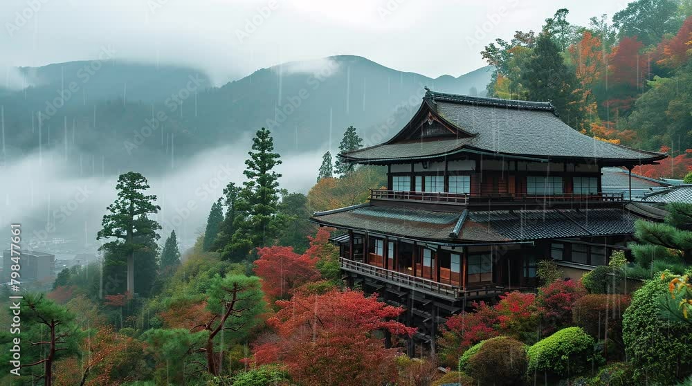 Serene Japanese house enveloped in the gentle rain under an overcast ...