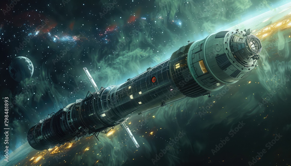 Interstellar Journey, Illustrate a futuristic spacecraft embarking on a ...