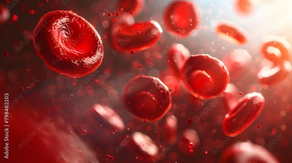 Red cells flowing in the living body, closeup of red cells with a ...