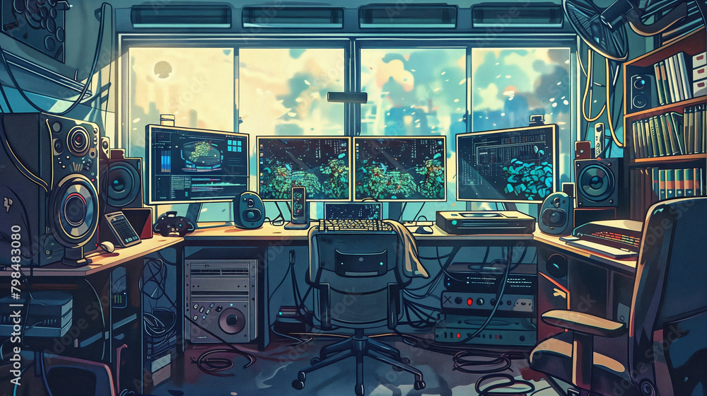 Programmer's studio, computer, multiple huge monitors, keyboard, mouse ...