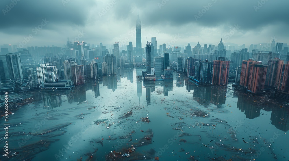 Coastal City Skyscrapers Half-Submerged in Rising Sea Levels - Vivid ...
