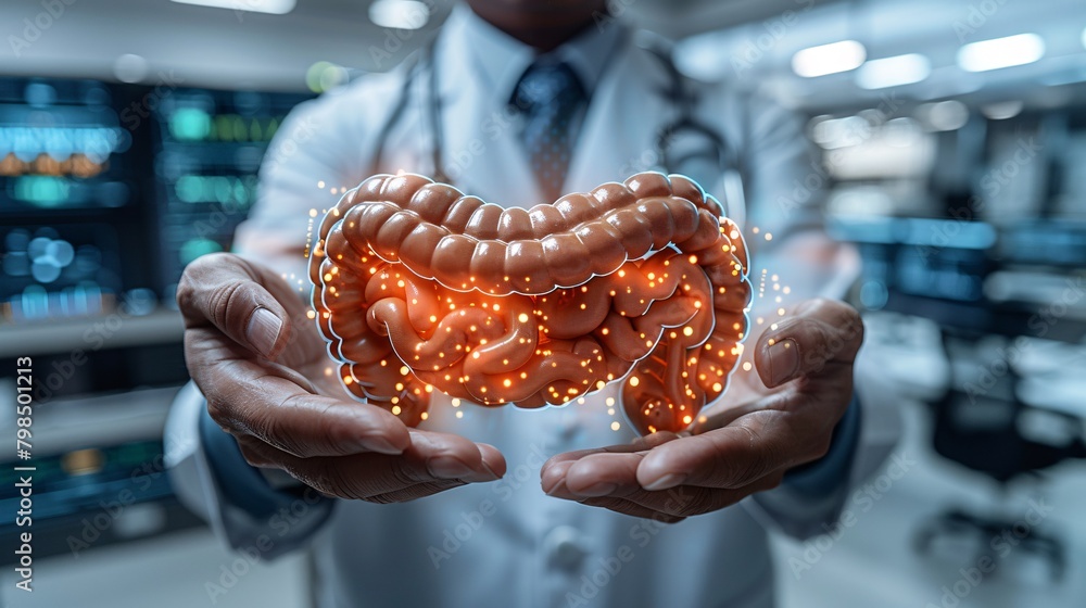 Physician with human Colon anatomy replica demonstrating conditions ...